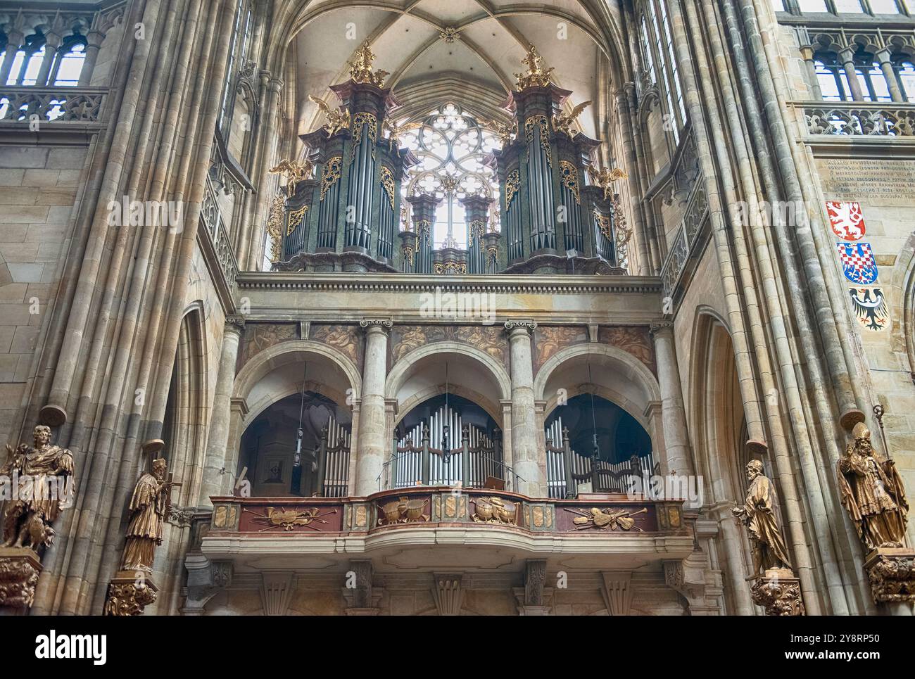 PRAGUE - MAY 11, 2024: The magnificent pipe organs are shown in all ...