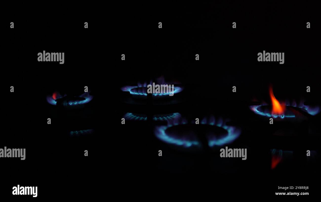the gas burner on the kitchen stove lights up. Burning blue flame of ...