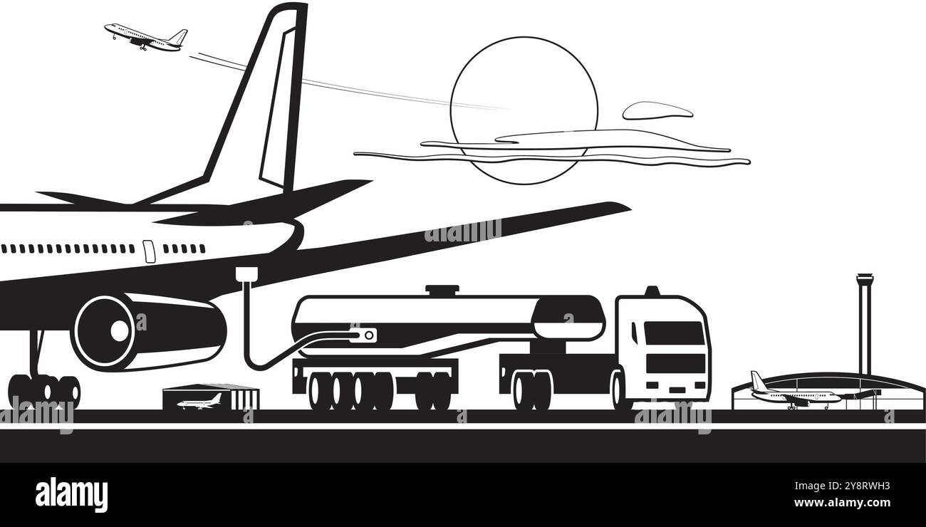 Tank truck loading aircraft with fuel at airport – vector illustration ...