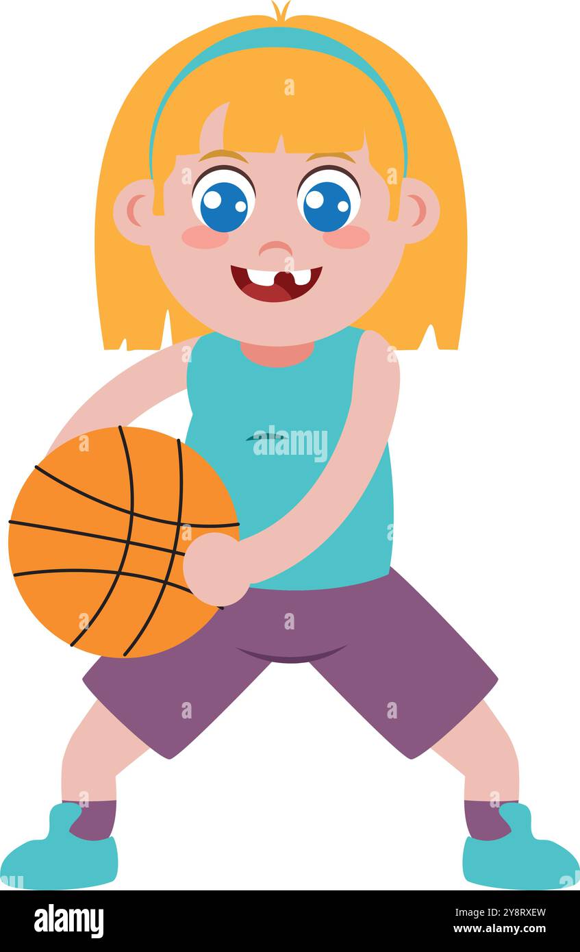little girl playing basketball dribbling the ball Stock Vector Image ...