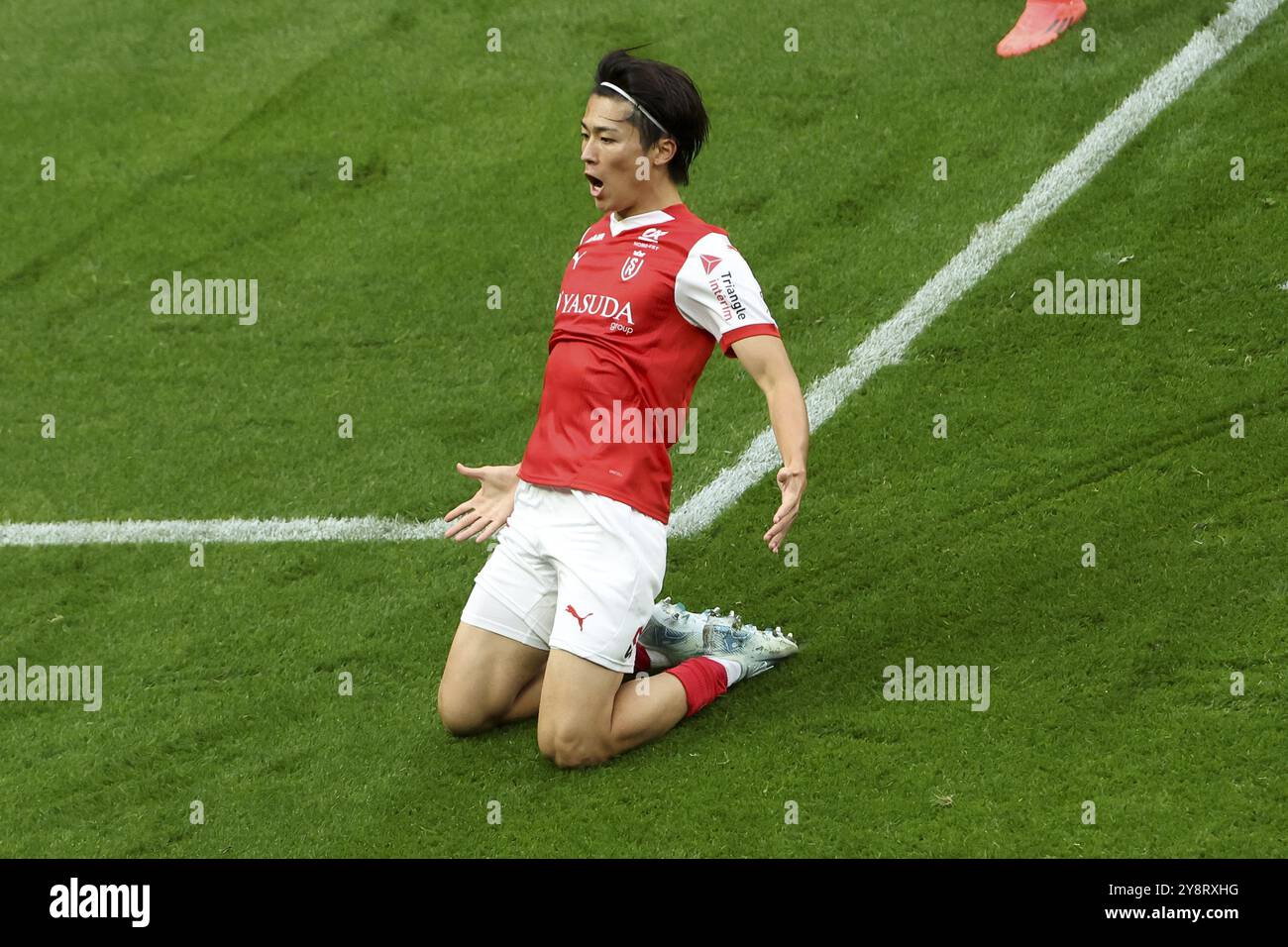 Keito Nakamura of Reims celebrates his goal during the French ...