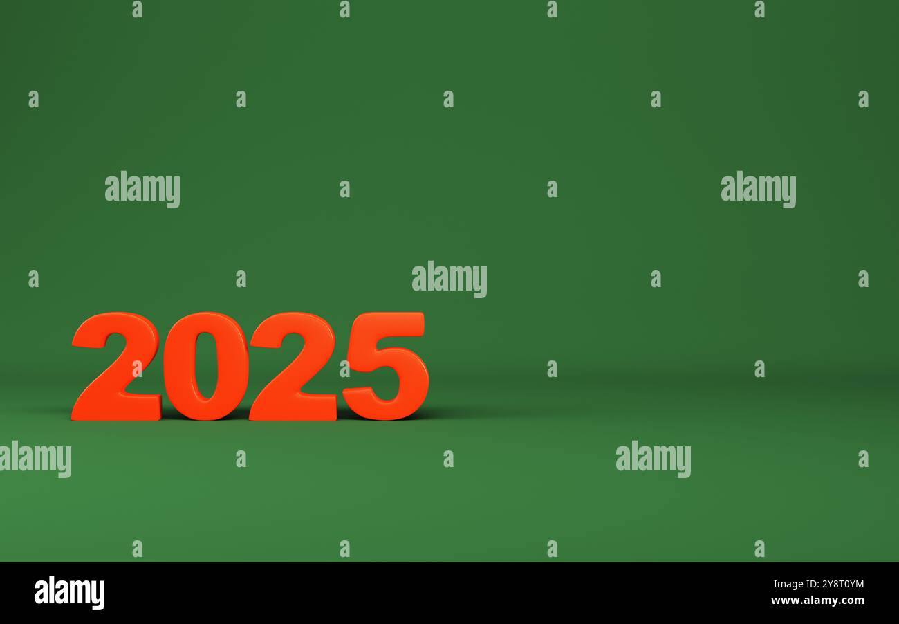 Red 2025 new year digits on green background. Minimalism concept. 3d ...