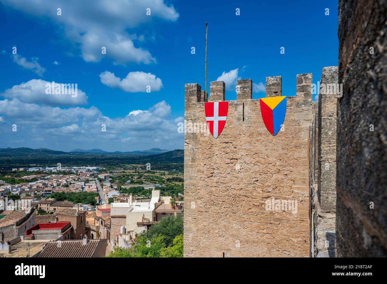 Castell de Capdepera castle wall with town of Capdepera Mallorca in the ...