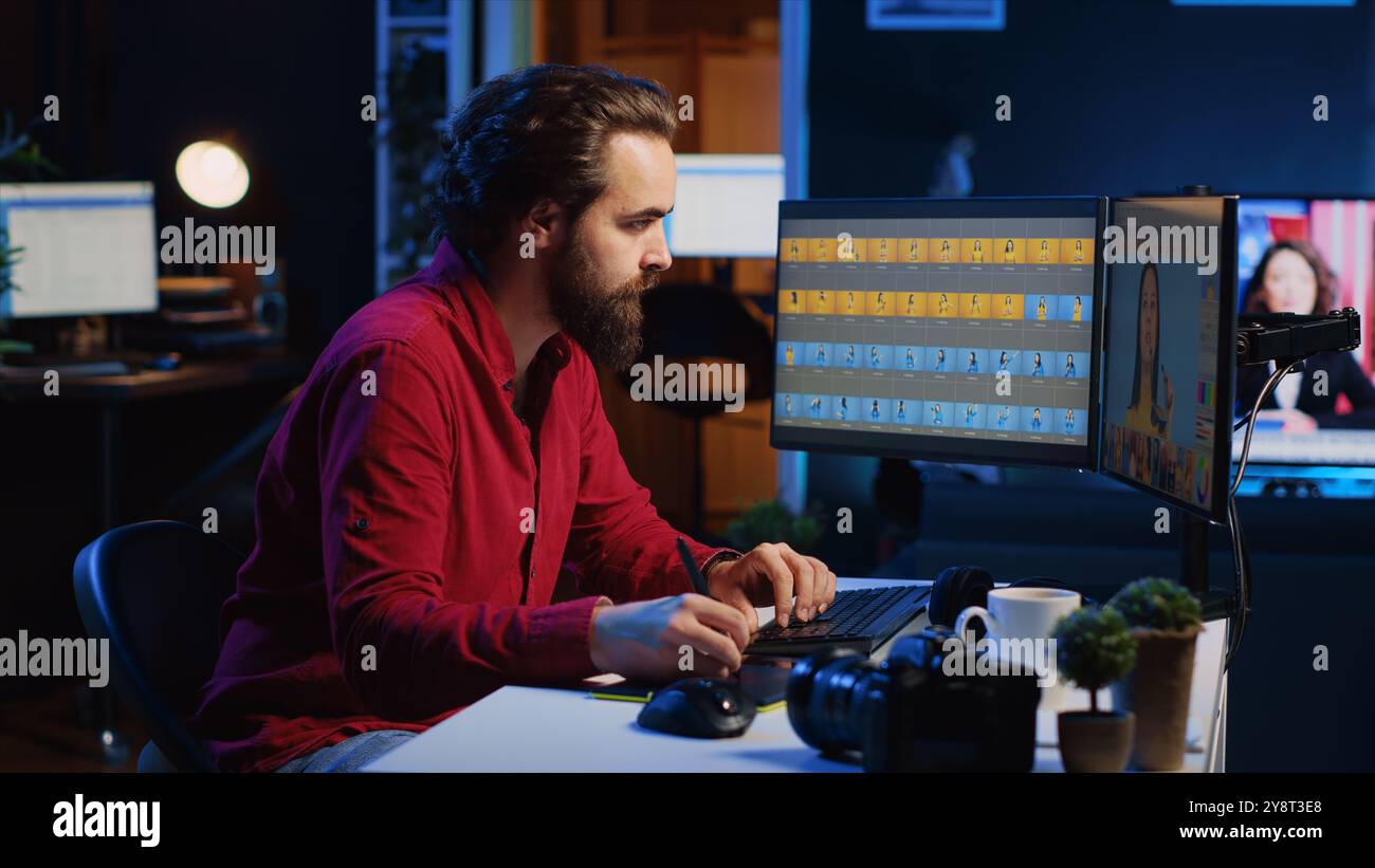 Photo editor retouching photographs with editing software on desktop ...