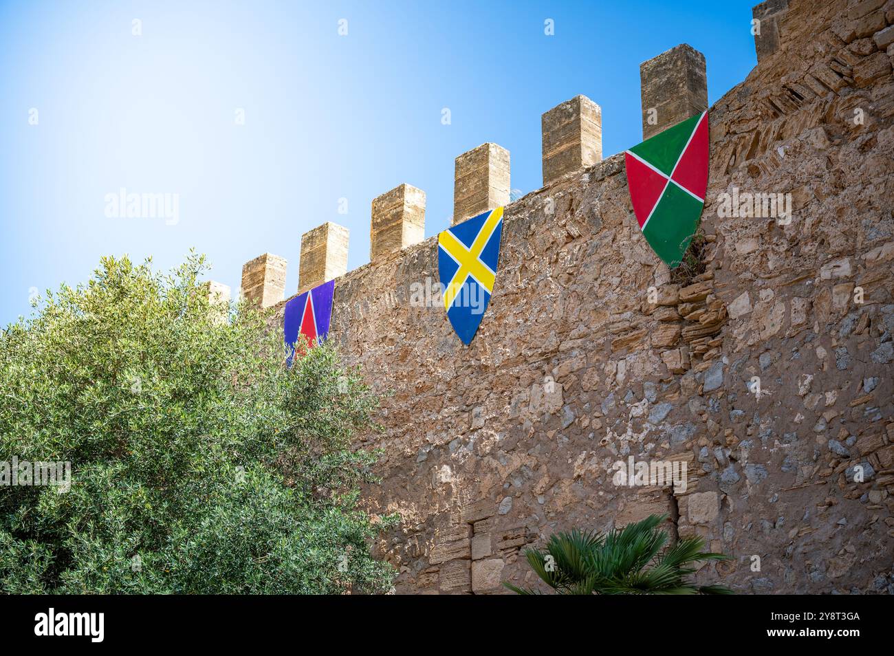 Castell de Capdepera, Mallorca tower with coat of arms on the castle ...