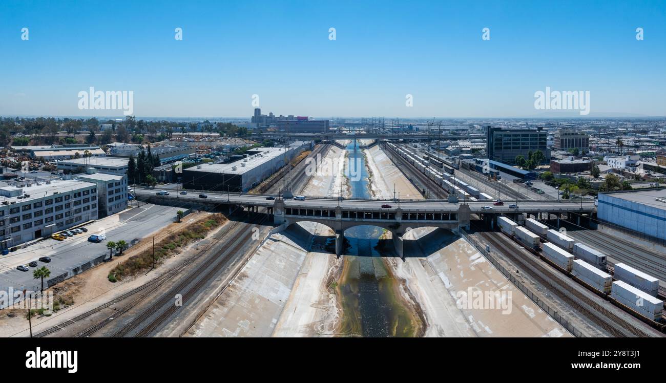 Aerial View of Los Angeles River with Bridge and Cityscape Stock Photo ...
