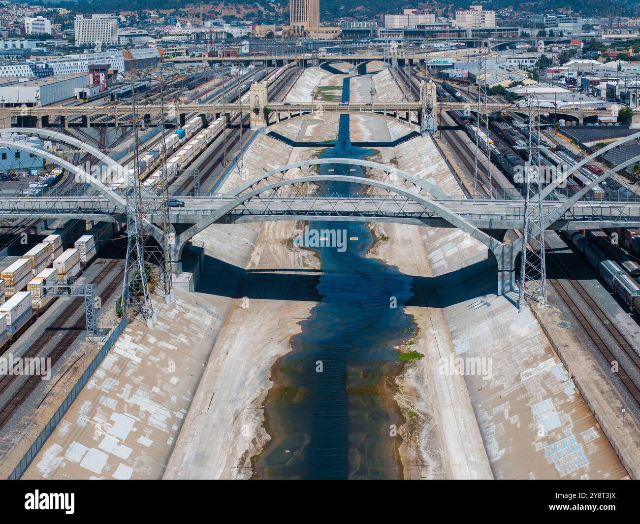 Aerial View of Los Angeles River with Bridges and Train Tracks Stock ...