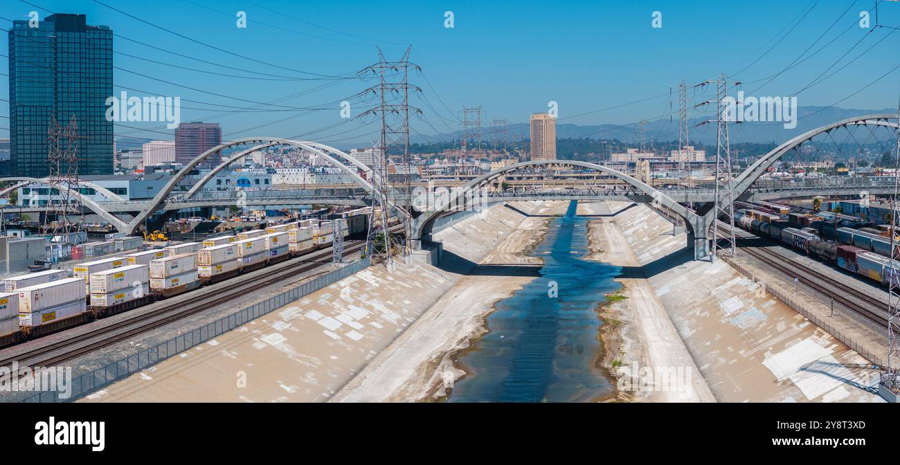 Aerial View of Los Angeles River with Urban Skyline and Bridges Stock ...