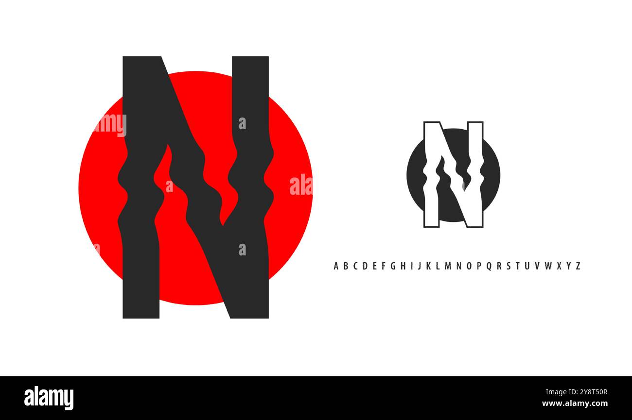 Letter N silhouette on red sun, twisting alphabet. Japanese logo for ...