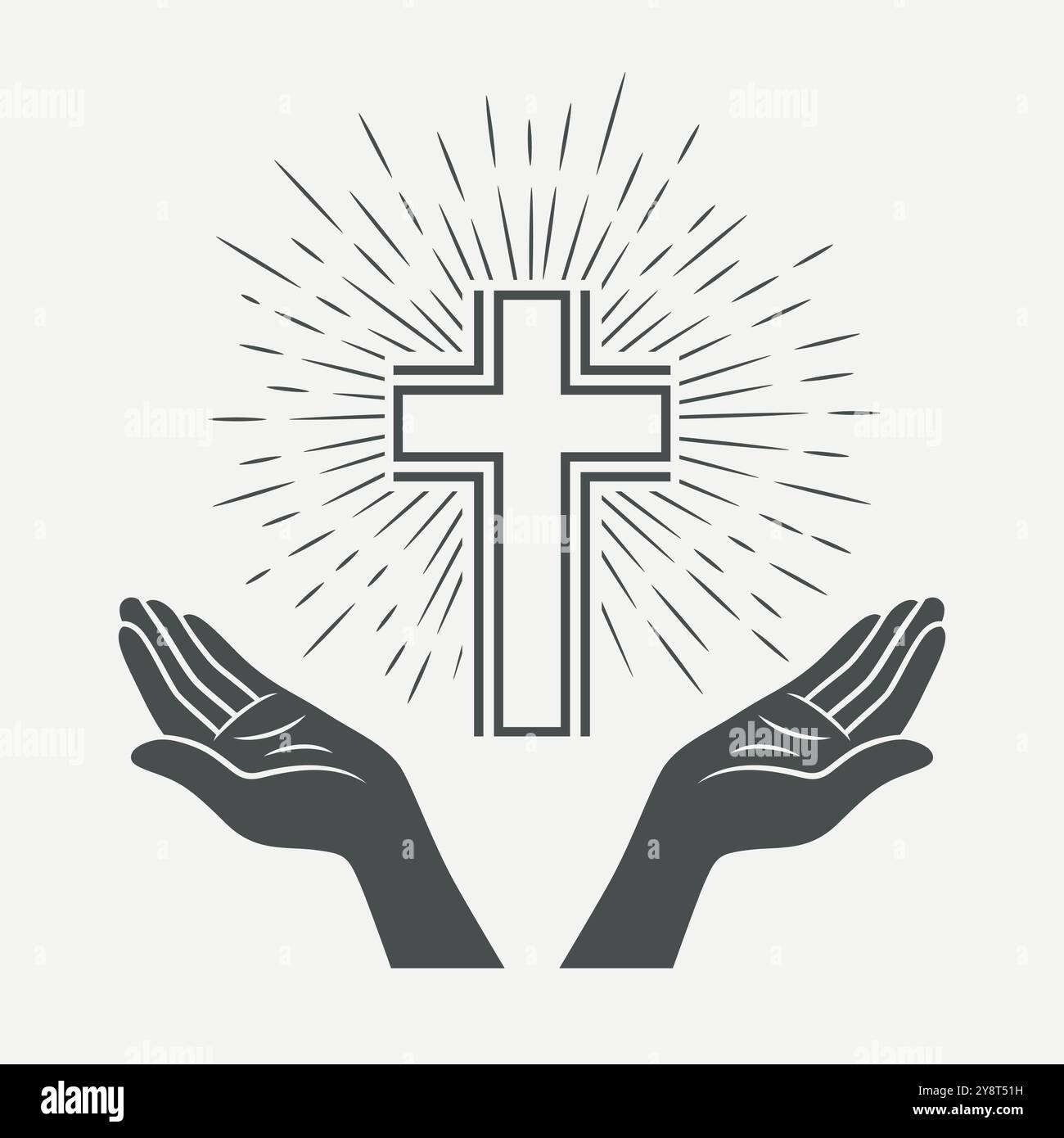 Black and White Open Hands with Cross and Divine Light, Symbol of Faith ...