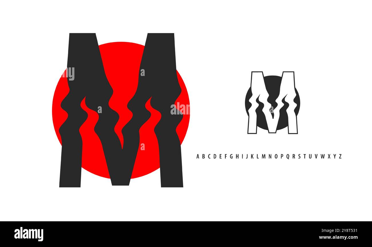Letter M silhouette on red sun, twisting alphabet. Japanese logo for ...