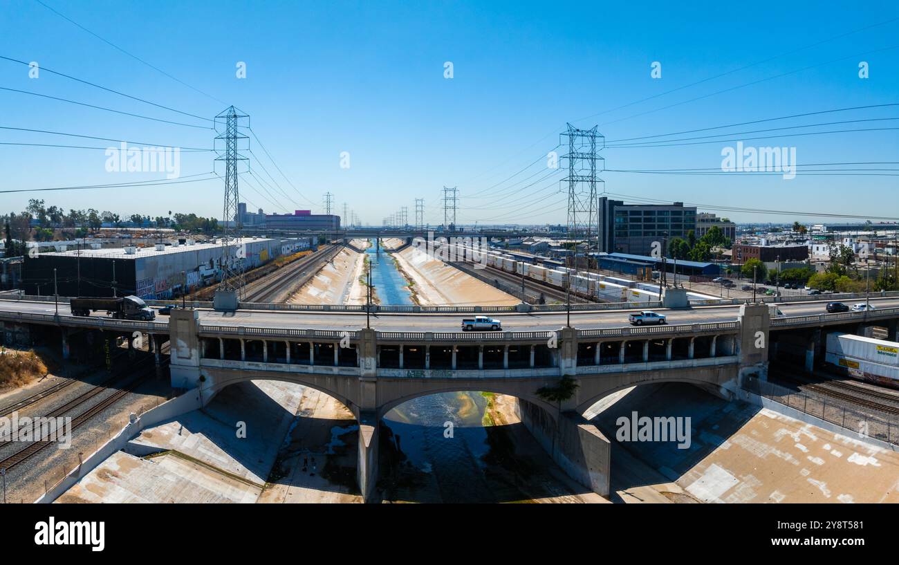 Aerial View of Los Angeles River with Bridge and Industrial Area Stock ...