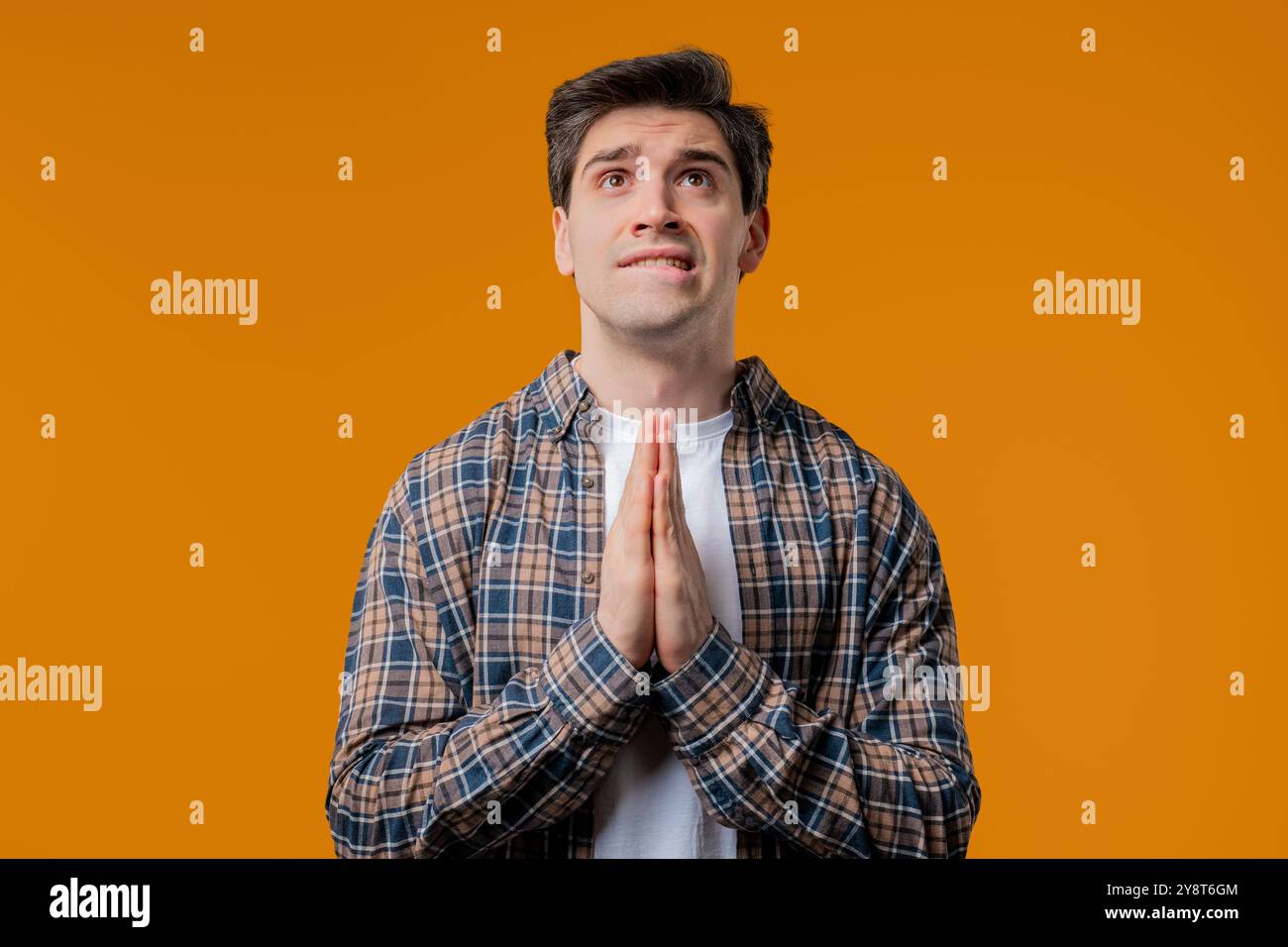 Mature 30s Man Praying, Begs To Apologize, Guilty. Yellow Studio ...