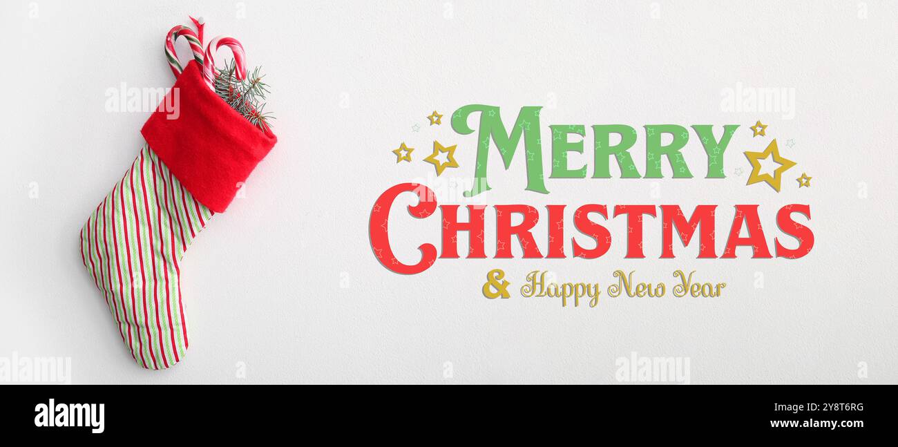 Greeting banner with Christmas sock and decorations Stock Photo - Alamy
