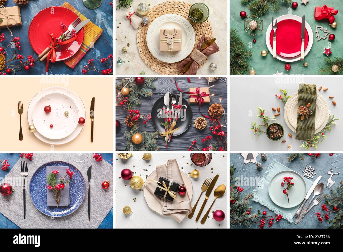 Collage of beautiful table settings for Christmas dinner, top view ...