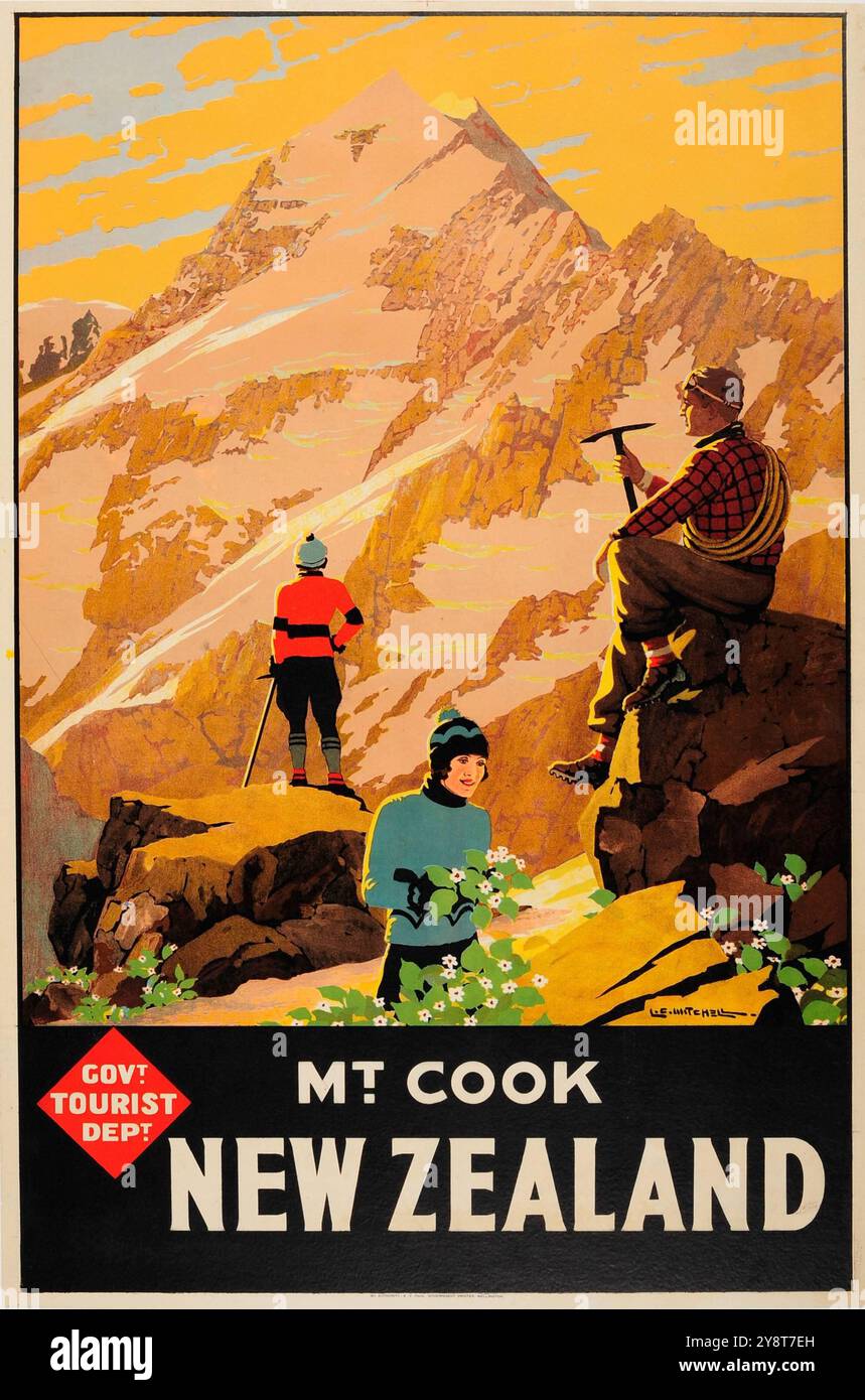Mt Cook New Zealand. Mountain Climbing. Vintage Travel Poster. circa ...