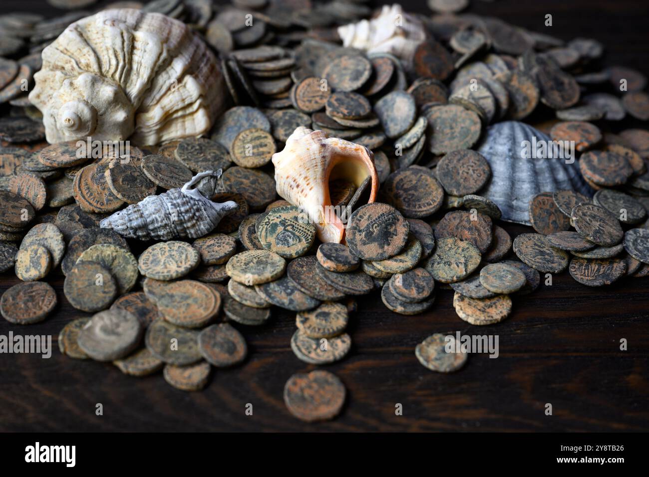 Pile of Roman coins and shells on old dark wooden table, Ancient money ...