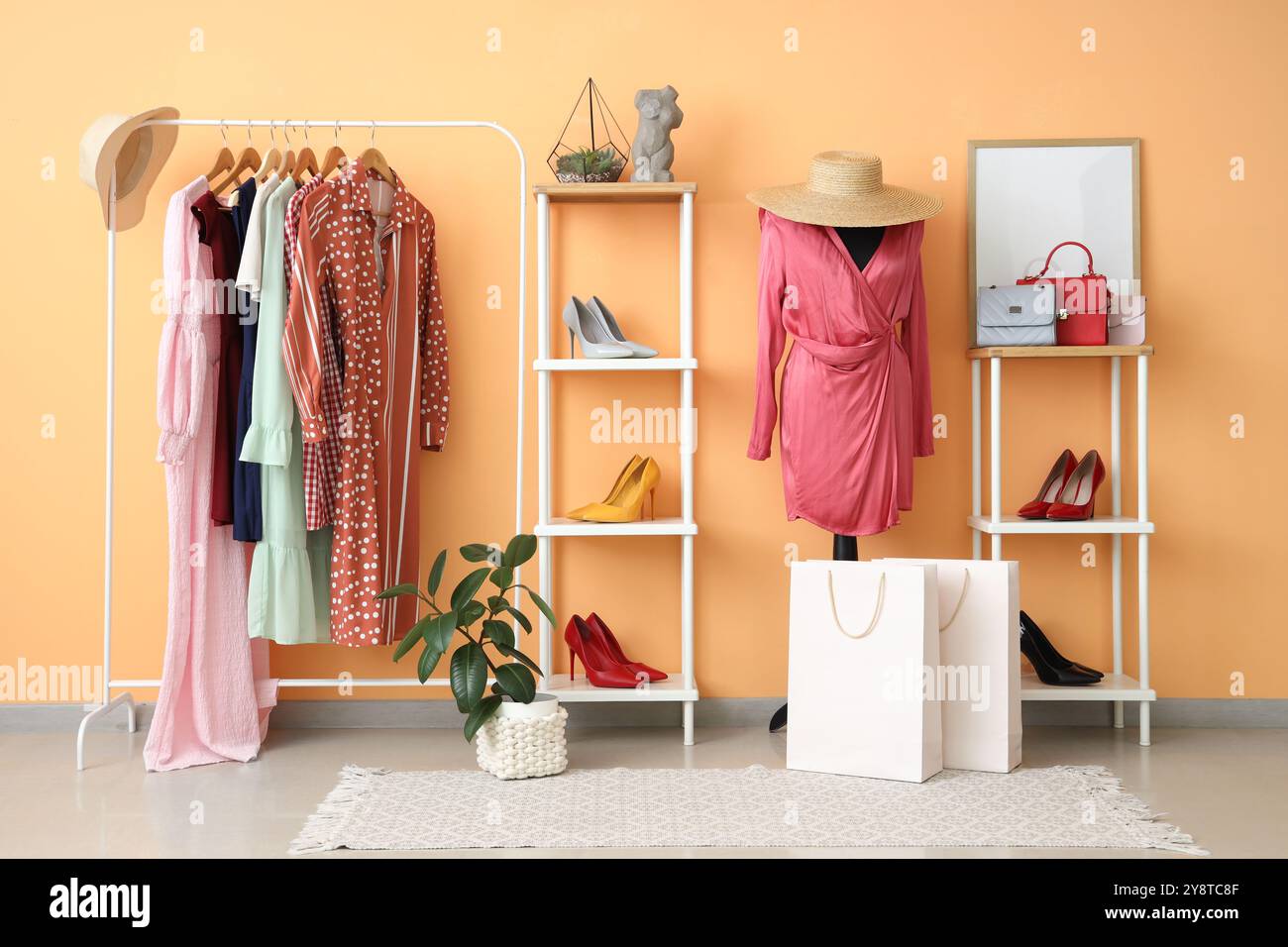 Interior of dressing room with mannequin, clothes rack and shelf units ...