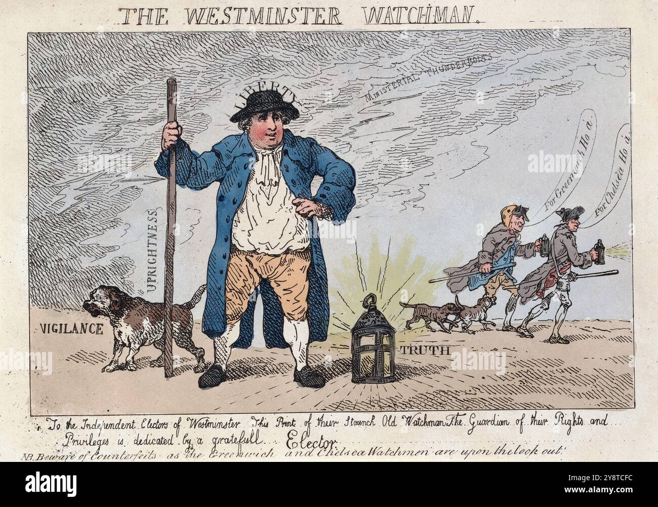 A print coloured engraving of The Westminster watchman watercolour ...