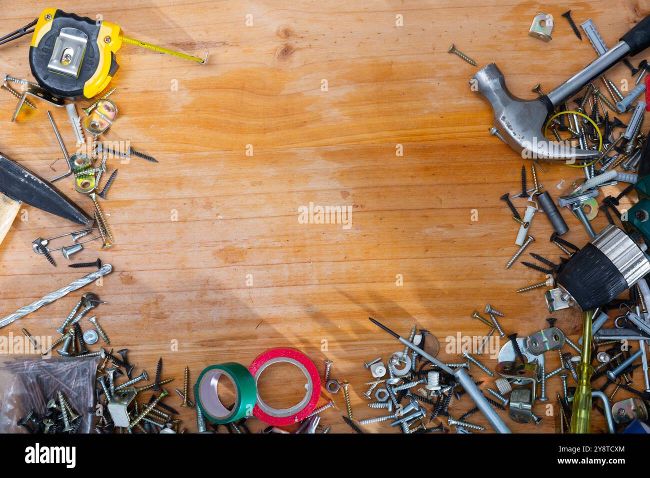 Variety of building hardware and tools with space for text Stock Photo ...