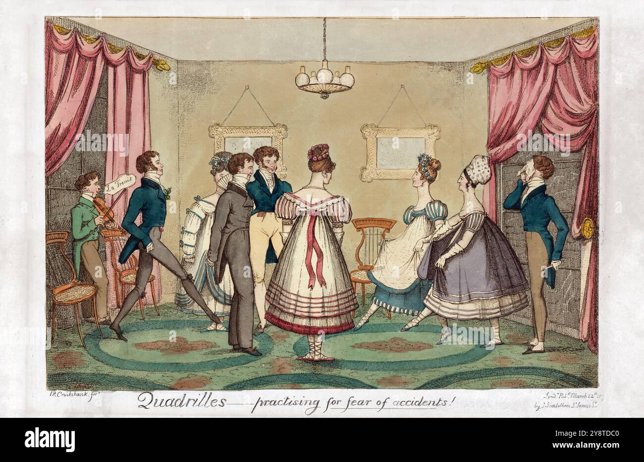 A humorous cartoon of Quadrilles dance dancing, watercoloured etching ...