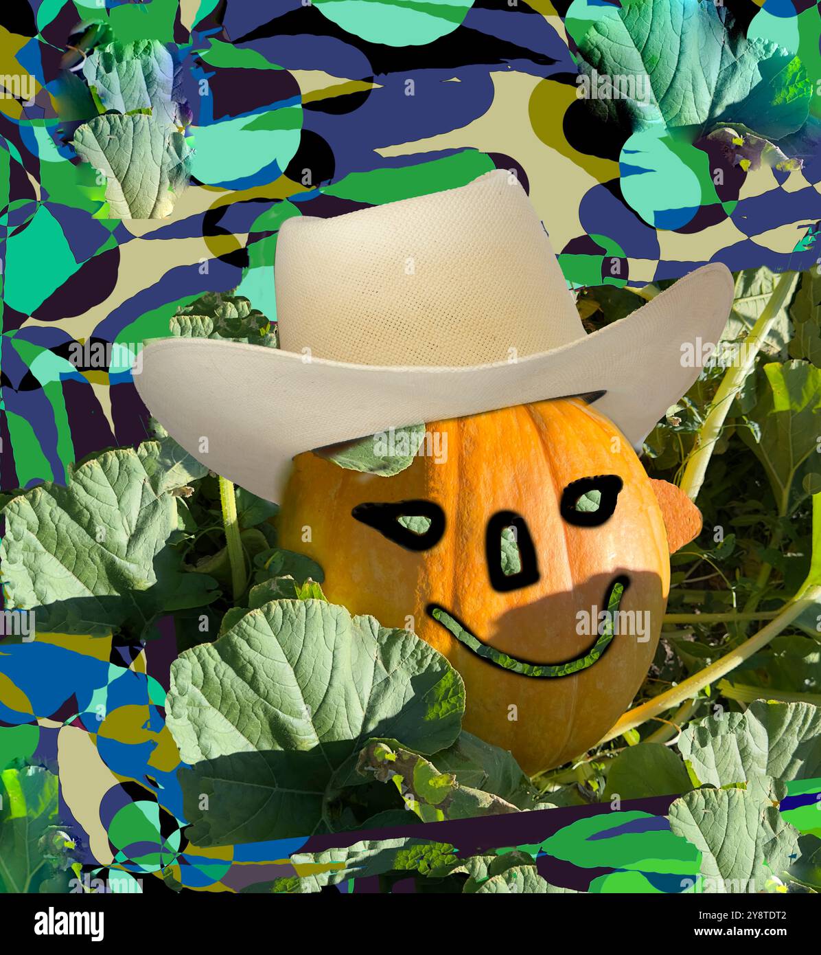 Composite jack-0-lantern has face on pumpkin with cowboy hat ...