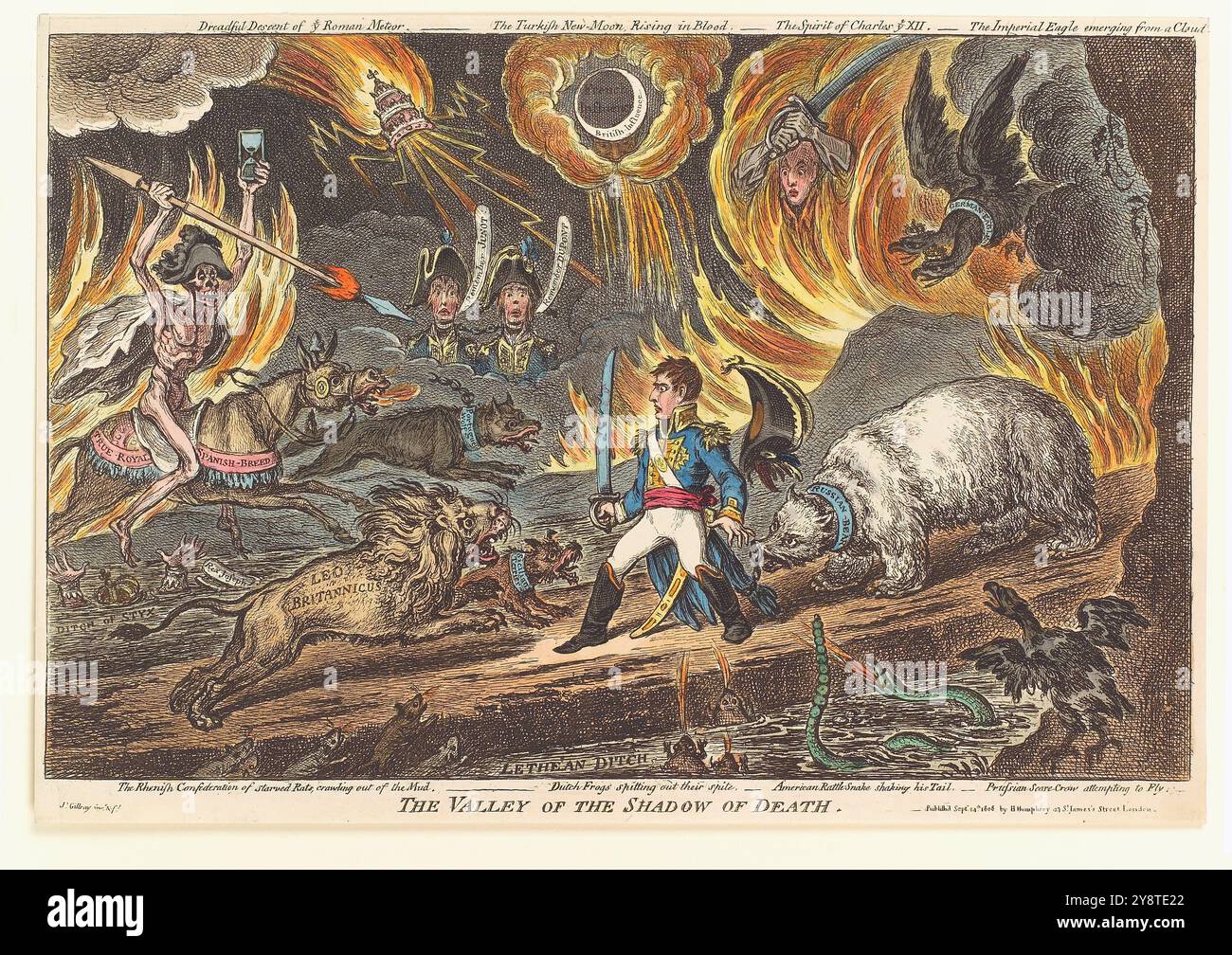 A funny humorous print coloured engraving of The Valley of the shadow of death - Napoleon ...