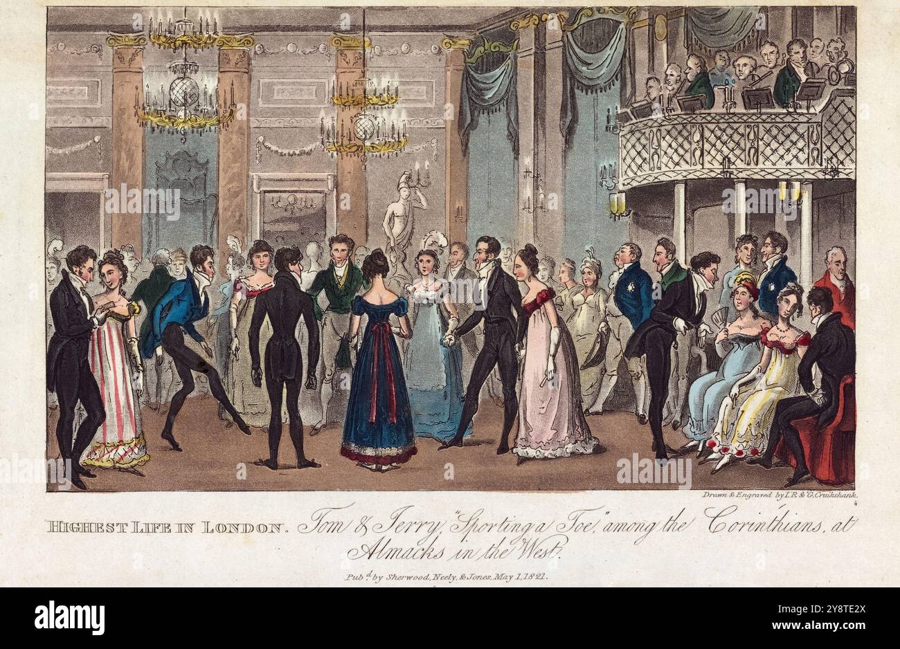 A humorous cartoon of Highest life in London, watercoloured etching on ...