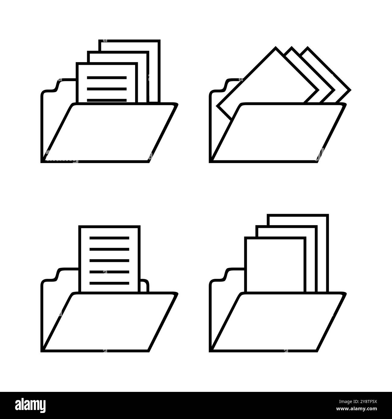 Folder icons with documents in various configurations. Simple line art style with organized ...