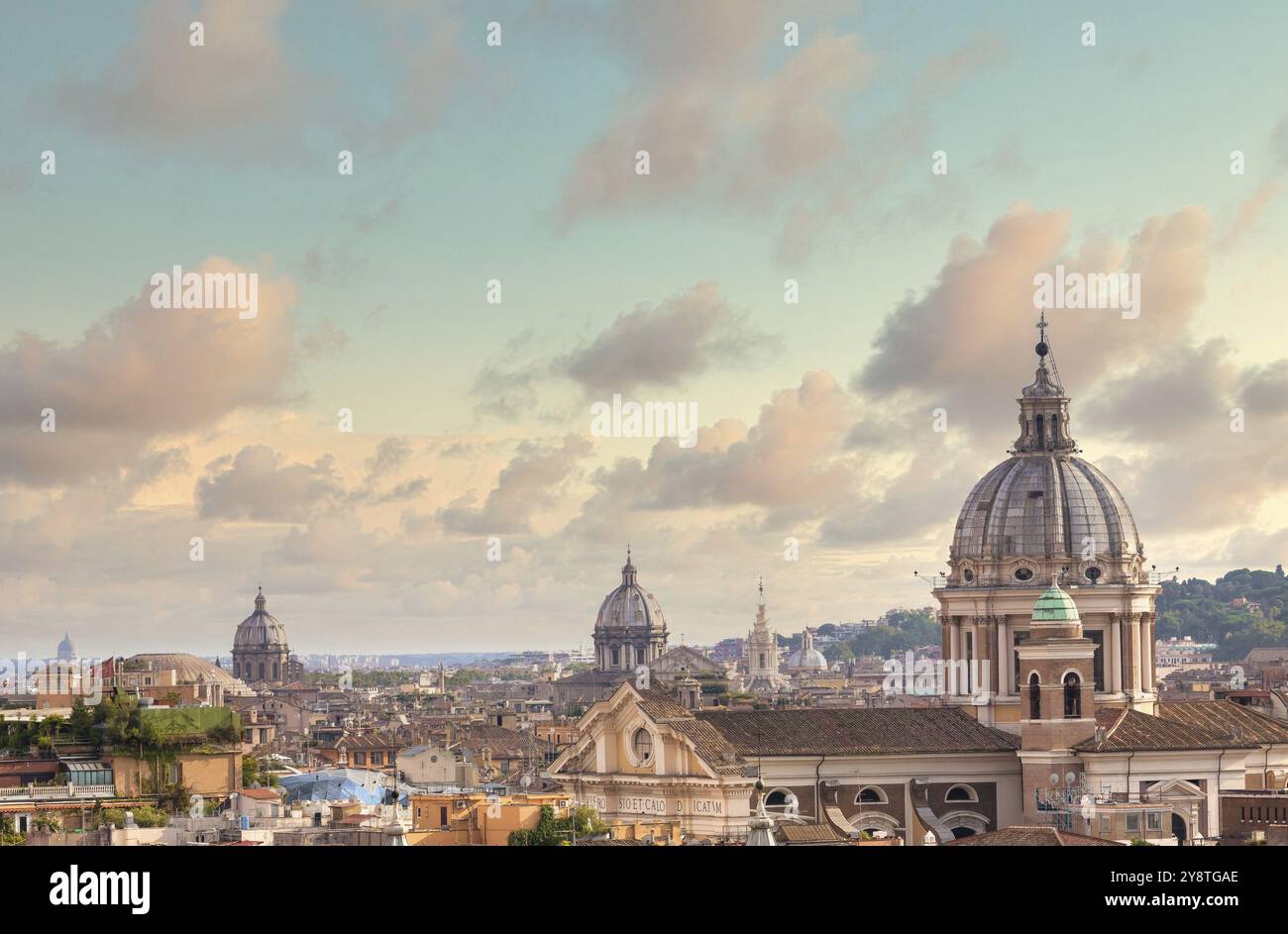 Rome, Italy. Urban landscape, blue sky with clouds, church exterior ...