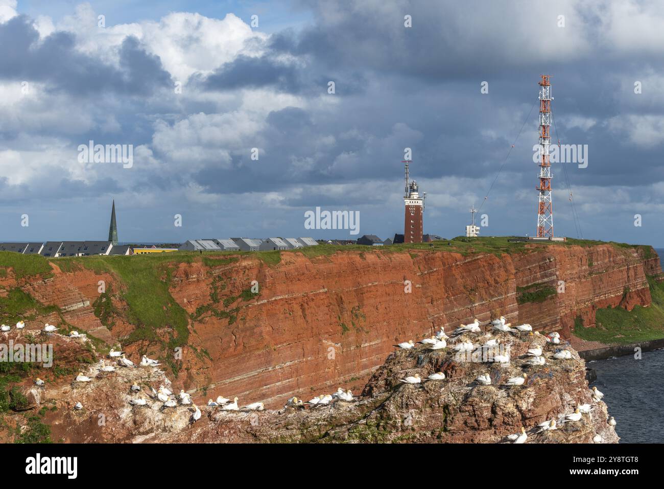 Red coloured sandstone, steep cliff coast of the high seas island ...