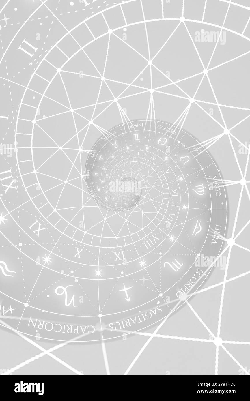 Astrological background with zodiac signs and symbol, white Stock Photo ...