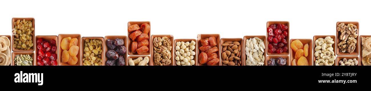 Horizontally Seamless flat lay food frame of dehydrated fruits, seeds ...