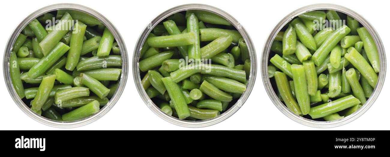 Flat lay view at opened tin can with green beans isolated on white ...