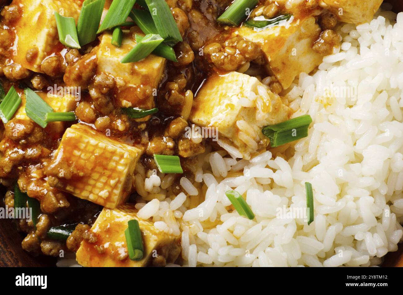 Authentic traditional Chinese food mapo tofu dish with pork chives and ...