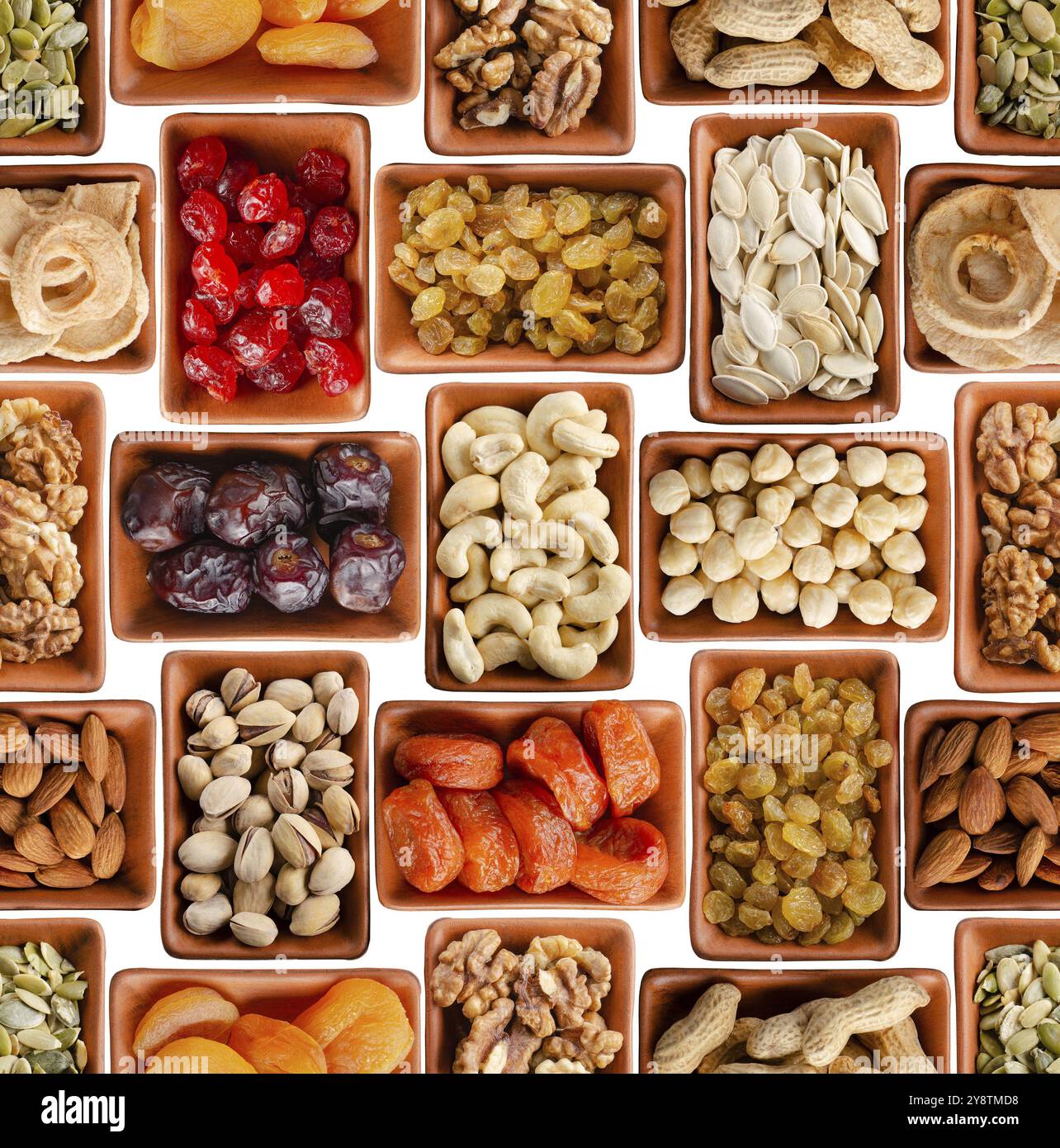 Seamless flat lay food background of dehydrated fruits, seeds and nuts ...