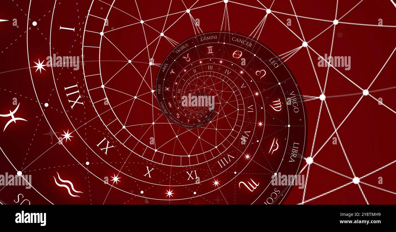 Astrological background with zodiac signs and symbol, red Stock Photo ...