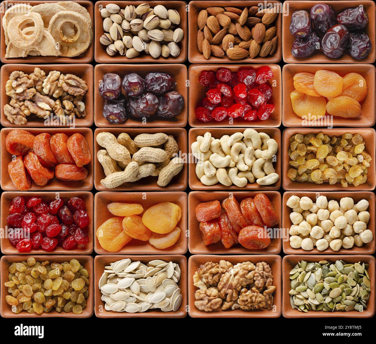 Seamless flat lay food background of dehydrated fruits, seeds and nuts ...