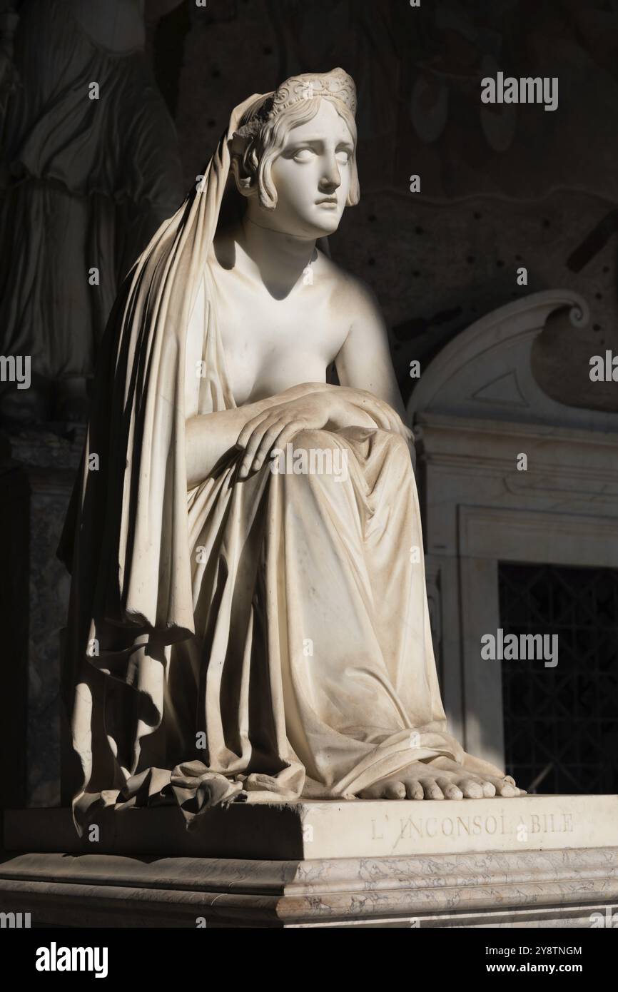 Pisa, Italy, June 2023: catholic cemetery, antique statue of sad woman ...