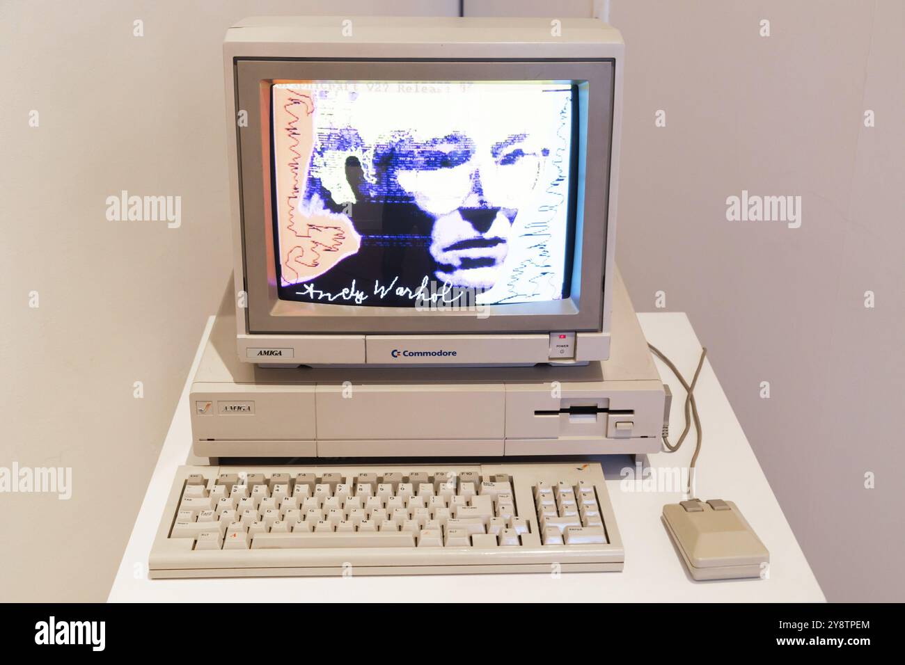 Venaria Reale, Italy, October 2022: Computer Commodore Amiga 1000 with floppy disk, mouse, beige ...