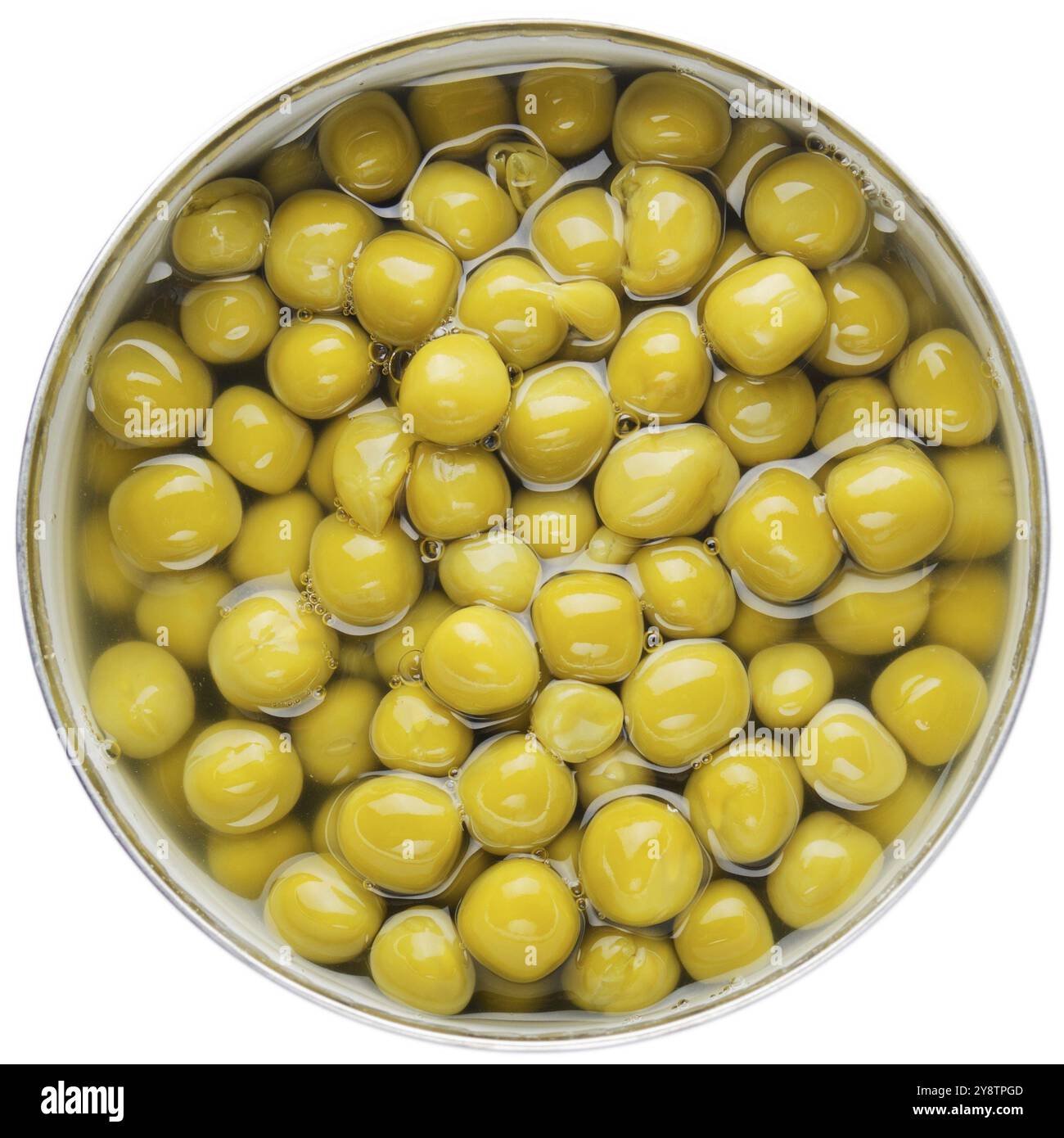 Flat lay view at opened tin can with green peas isolated on white ...