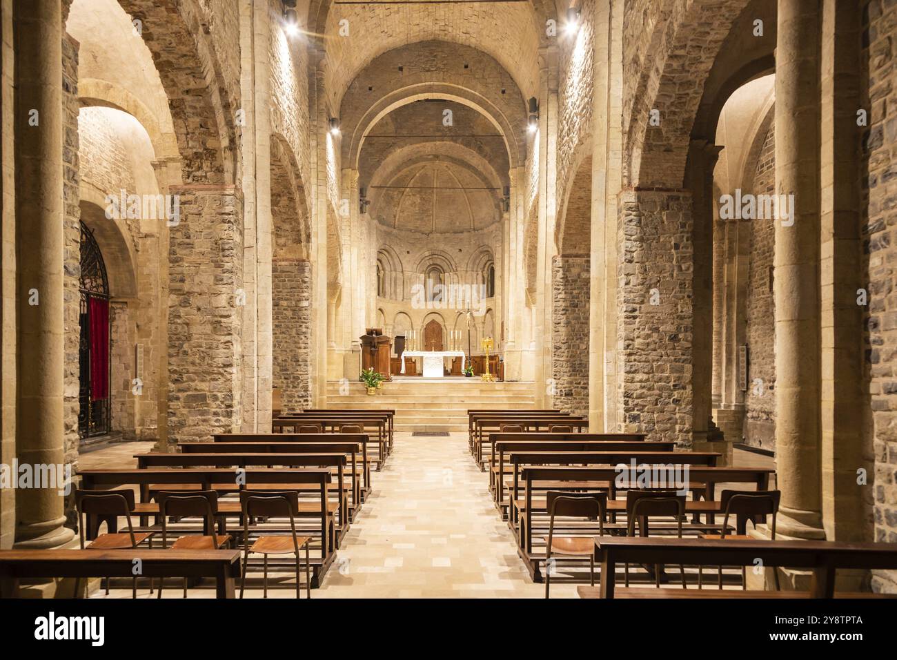 Ventimiglia, Italy, Interior of Romanic catholic cathedral with altar ...