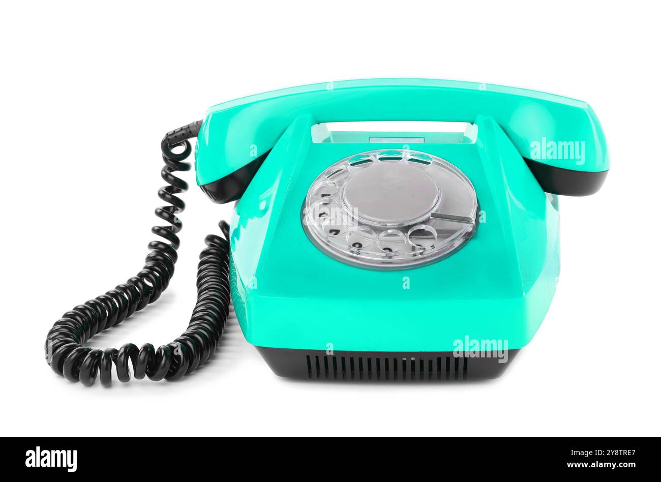 Old turquoise color telephone with rotary dial isolated on white Stock ...
