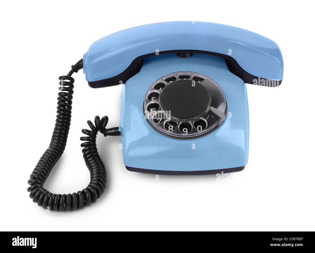 Old light blue telephone with rotary dial isolated on white Stock Photo ...