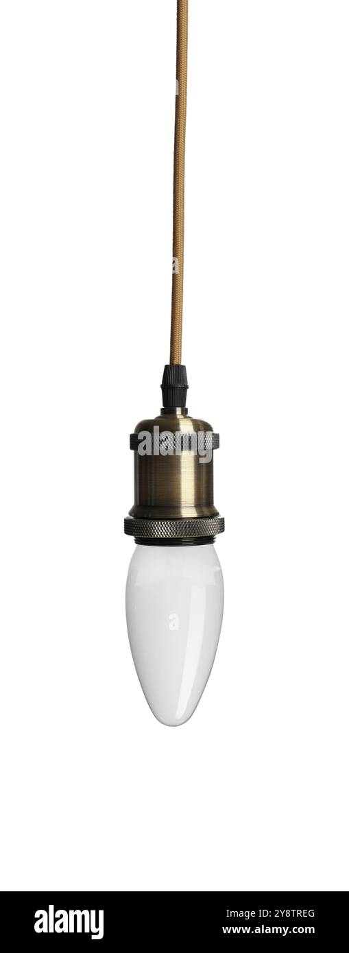 One light bulb hanging on white background Stock Photo - Alamy