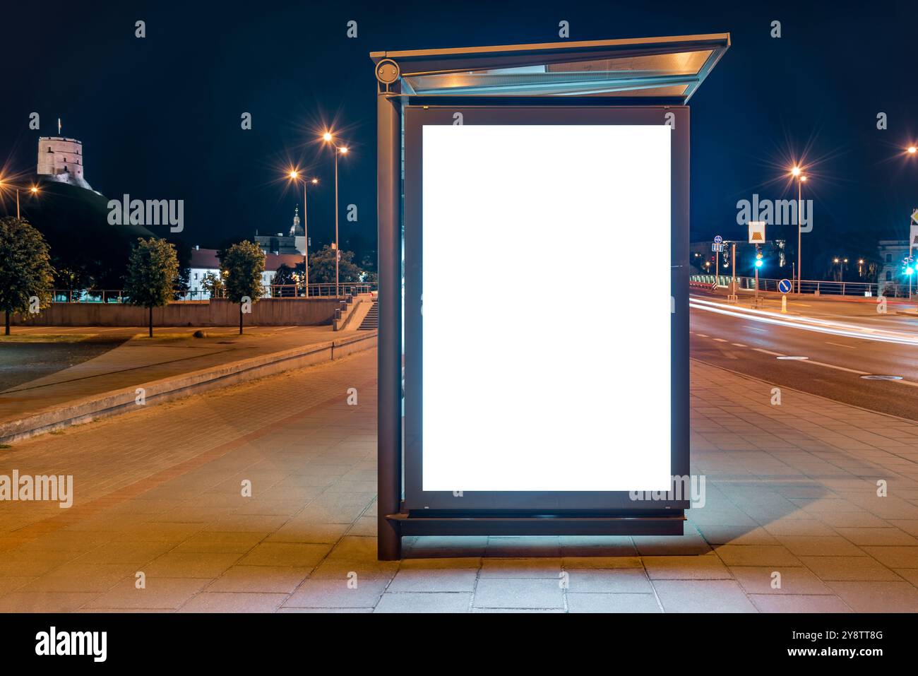 Blank Mockup Of Bus Stop Vertical Billboard On The Sidewalk At Night ...