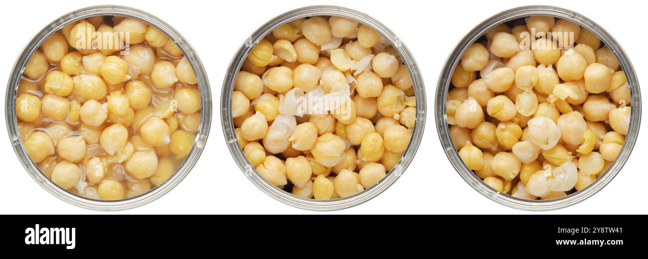 Flat lay view at opened tin can with chickpeas isolated on white ...