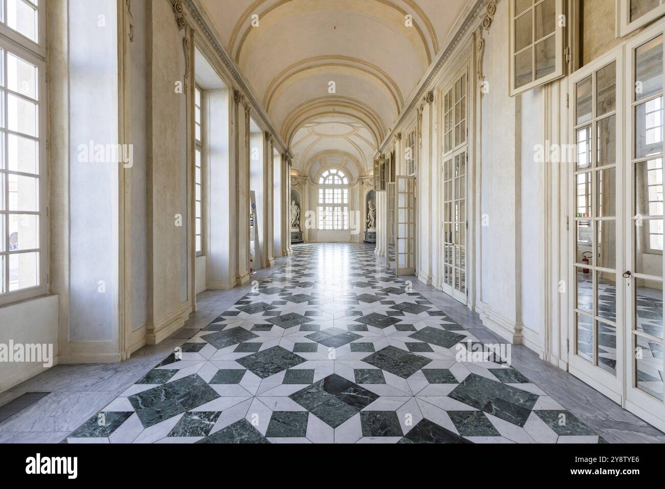 Venaria Reale, Italy, January 2023: luxury interior old royal palace. Gallery perspective with ...