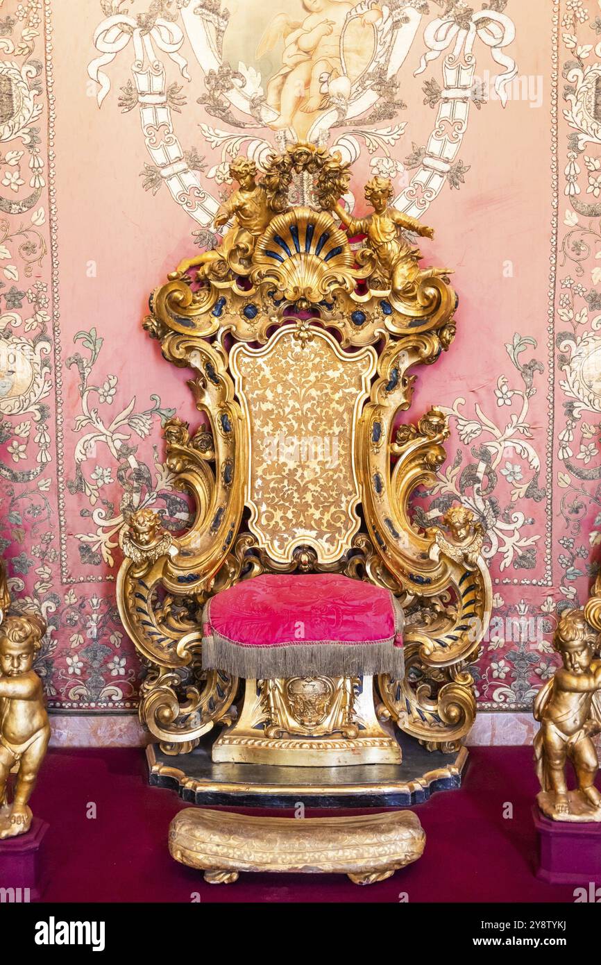 Isola Bella, Italy, 1 August 2023: antique throne in gold and red ...