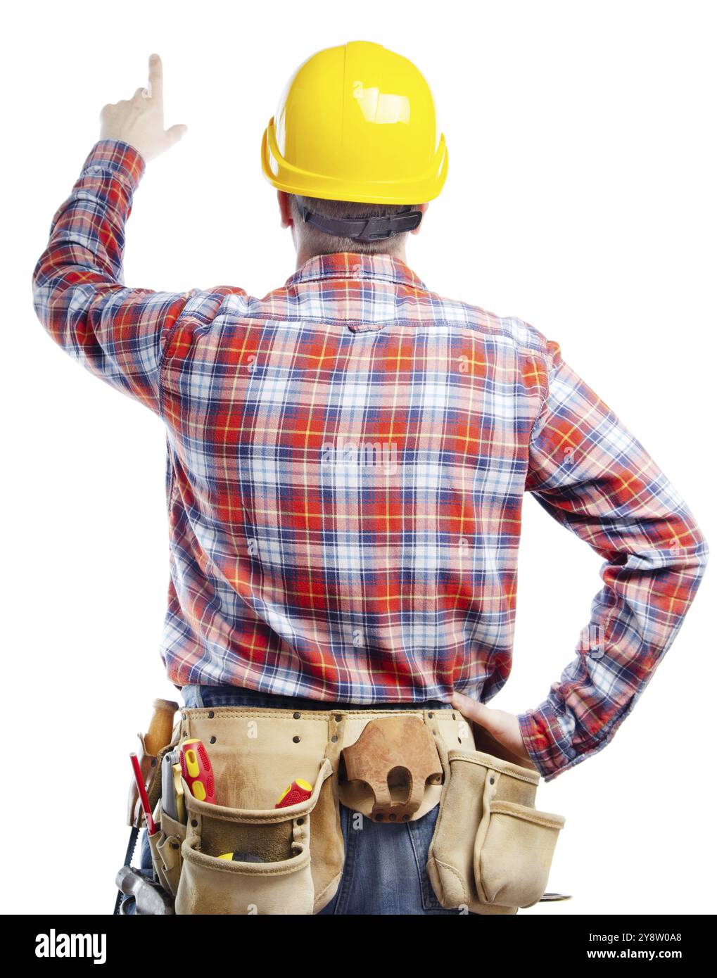 Middle aged caucasian contractor with tool belt and yellow hard hat ...